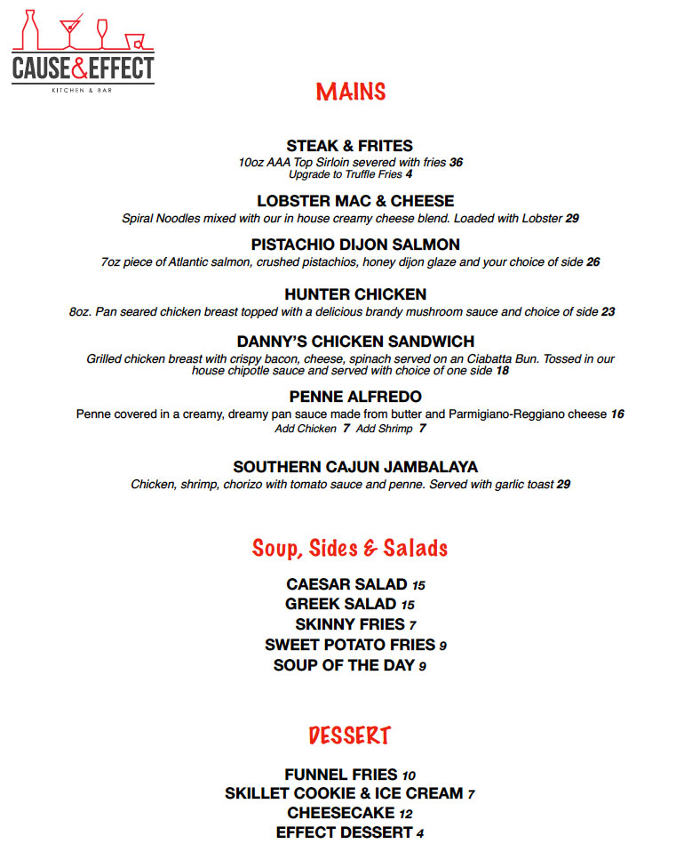 Dinner Menu — Cause & Effect Kitchen & Bar
